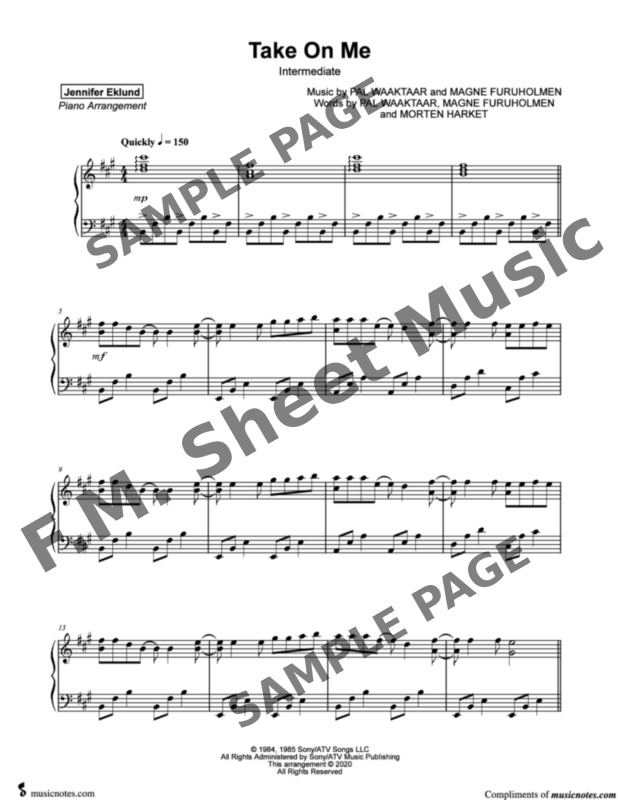 Take On Me (Intermediate Piano) By A-Ha - F.M. Sheet Music - Pop ...