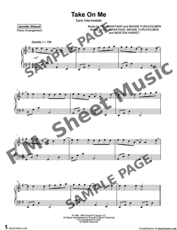 Take On Me (Early Intermediate Piano) By A-Ha, Weezer - F.M. Sheet ...