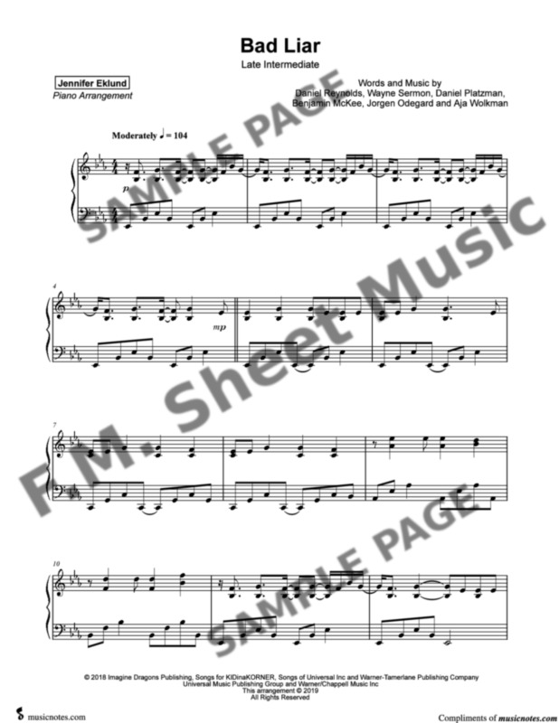 Bad Liar (Late Intermediate Piano) By Imagine Dragons - F.M. Sheet ...