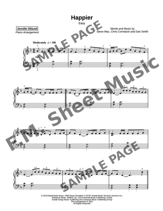 Happier (Easy Piano) By Marshmello, Bastille - F.M. Sheet Music - Pop ...