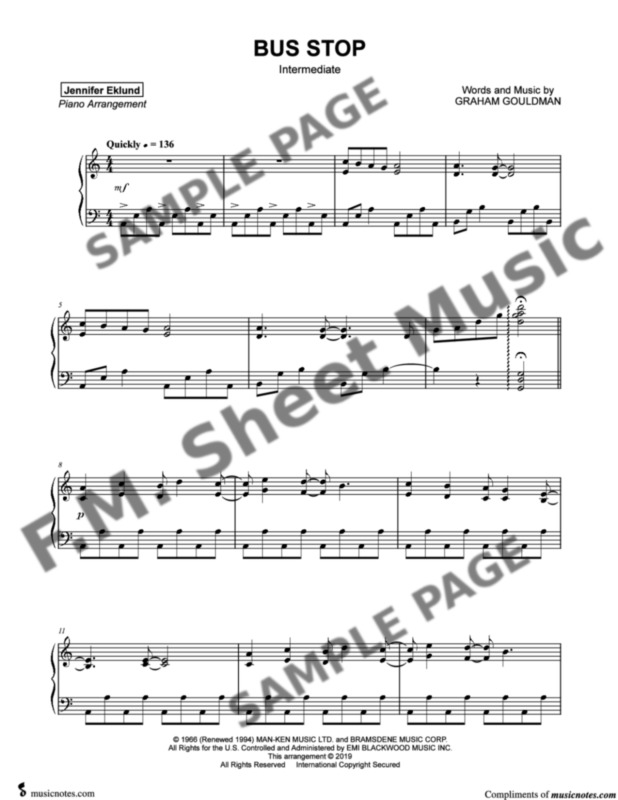 Bus Stop (Intermediate Piano) By The Hollies - F.M. Sheet Music - Pop ...