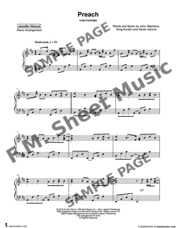 Preach (Intermediate Piano) By John Legend - F.M. Sheet Music - Pop ...