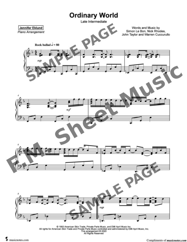 Ordinary World (Late Intermediate Piano) By Duran Duran - F.M. Sheet ...