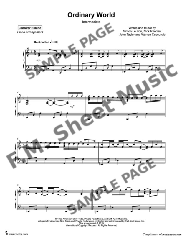 Ordinary World (Intermediate Piano) By Duran Duran - F.M. Sheet Music ...