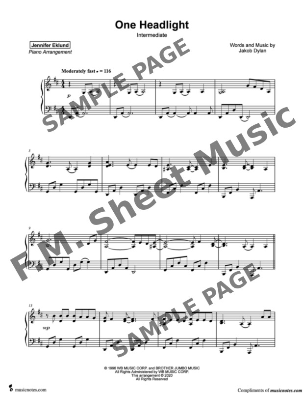 One Headlight (Intermediate Piano) By The Wallflowers - F.M. Sheet ...