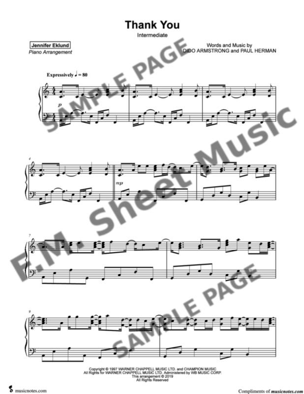 Thank You (Intermediate Piano) By Dido - F.M. Sheet Music - Pop ...