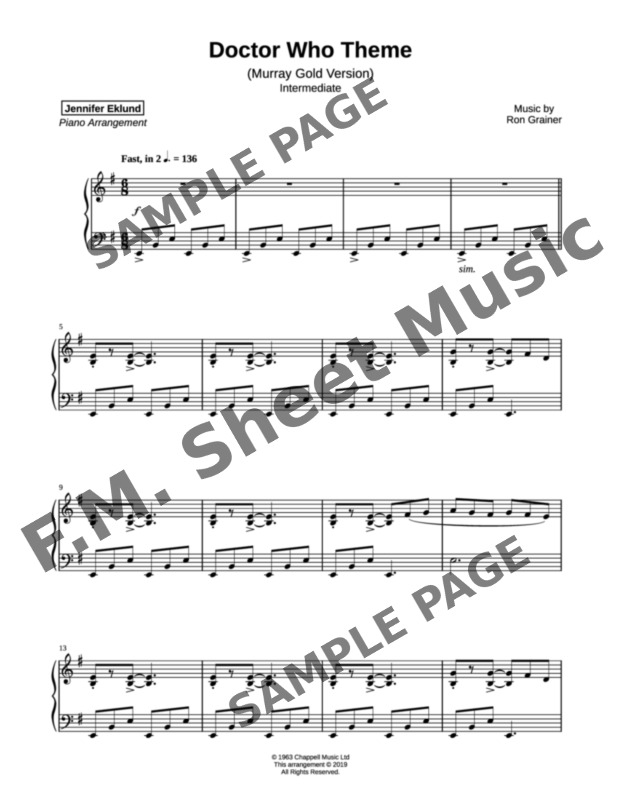 Doctor Who Theme (Intermediate Piano) By Murray Gold - F.M. Sheet Music ...