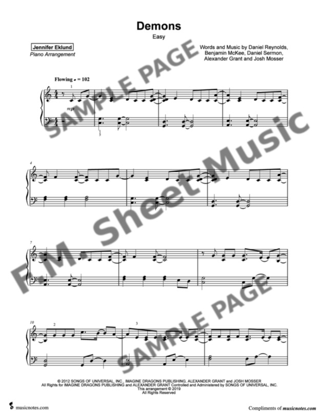 Demons (Easy Piano) By Imagine Dragons - F.M. Sheet Music - Pop ...
