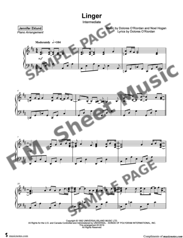Linger (Intermediate Piano) By The Cranberries - F.M. Sheet Music - Pop ...