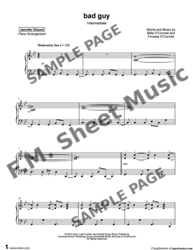 Bad Guy (Intermediate Piano) By Billie Eilish - F.M. Sheet Music - Pop ...