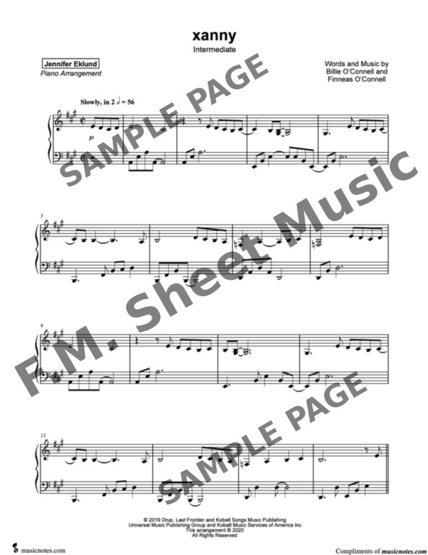 Xanny (Intermediate Piano) By Billie Eilish - F.M. Sheet Music - Pop ...