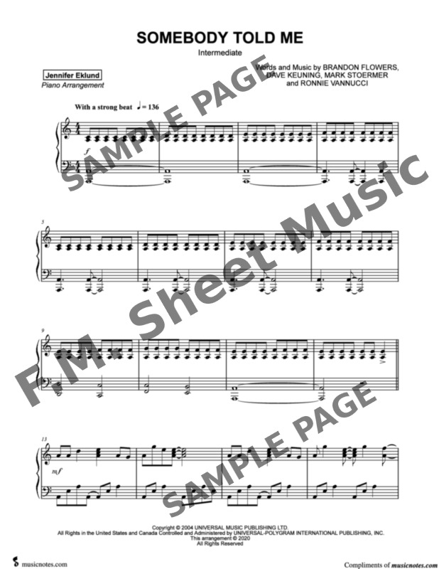 Somebody Told Me (Intermediate Piano) By The Killers - F.M. Sheet Music ...