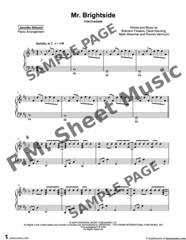 Mr. Brightside (Intermediate Piano) By The Killers - F.M. Sheet Music ...