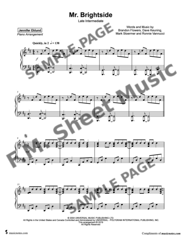 Mr. Brightside (Late Intermediate Piano) By The Killers - F.M. Sheet ...