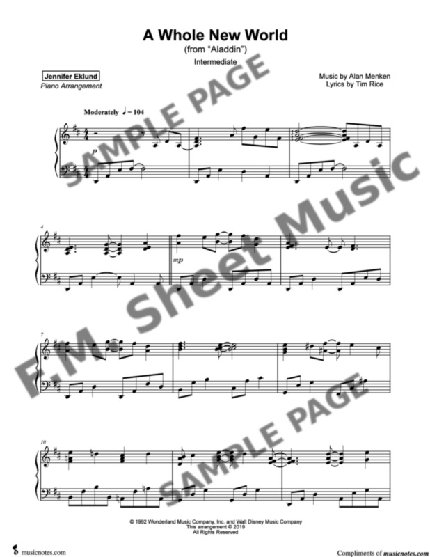 A Whole New World (from Aladdin) (Intermediate Piano) By Peabo Bryson ...