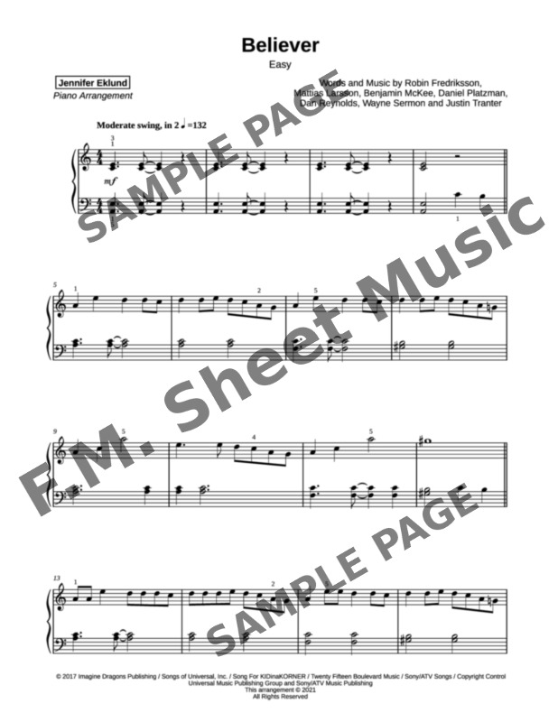 Believer (Easy Piano) By Imagine Dragons - F.M. Sheet Music - Pop ...