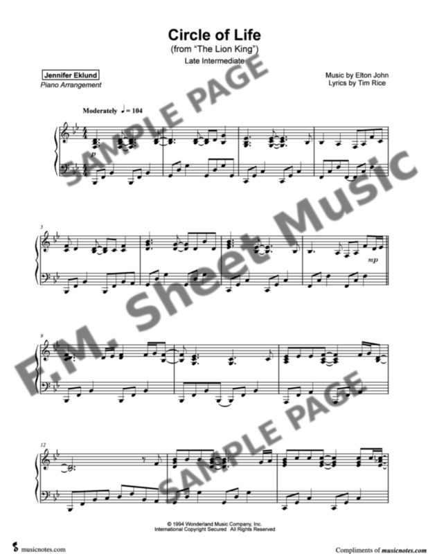 Circle of Life (from "The Lion King") (Intermediate Piano) By Elton ...