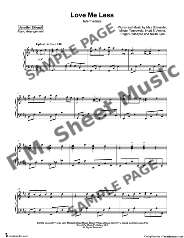 Love Me Less (Intermediate Piano) By MAX, Quinn XCII - F.M. Sheet Music ...