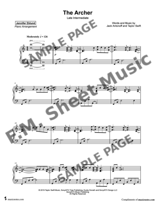 The Archer (Late Intermediate Piano) By Taylor Swift - F.M. Sheet Music ...