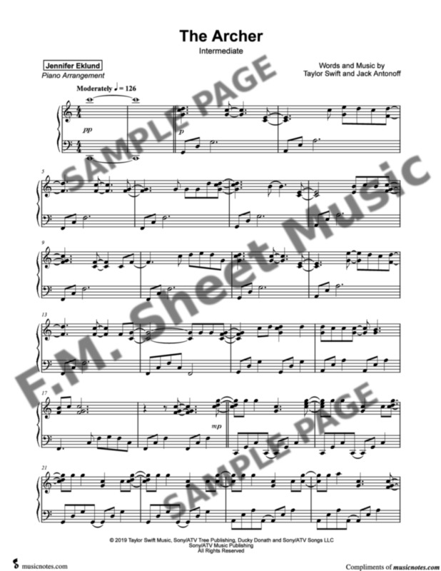The Archer (Intermediate Piano) By Taylor Swift - F.M. Sheet Music ...