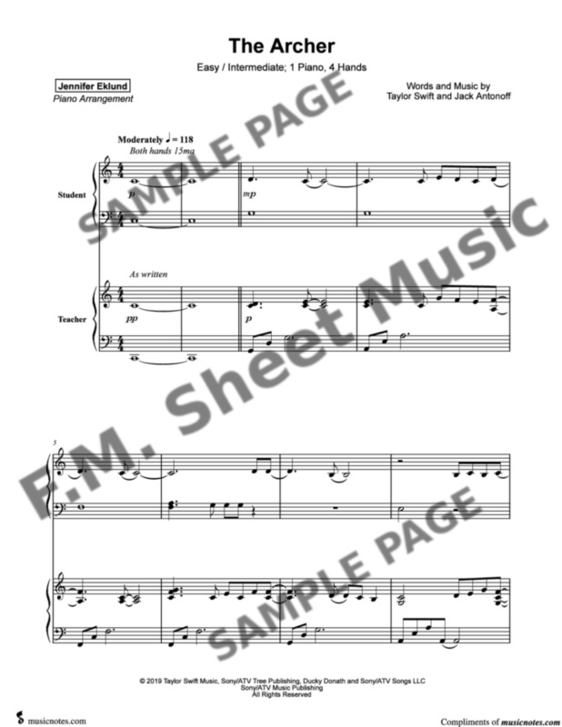 The Archer (Mixed Level Duet) By Taylor Swift - F.M. Sheet Music - Pop ...