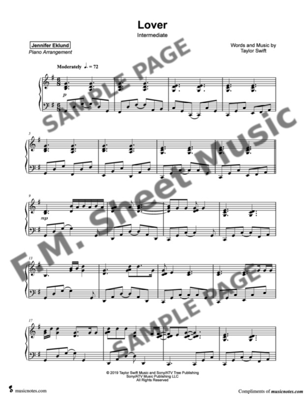 Lover (Intermediate Piano) By Taylor Swift - F.M. Sheet Music - Pop ...