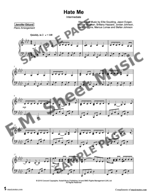 Hate Me (Intermediate Piano) By Ellie Goulding - F.M. Sheet Music - Pop ...