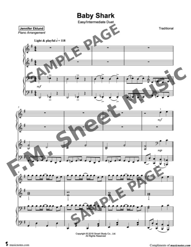 Baby Shark (Easy Piano with Teacher Duet) By Johnny Only - F.M. Sheet ...
