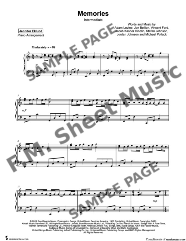 Memories (Intermediate Piano) By Maroon 5 - F.M. Sheet Music - Pop ...