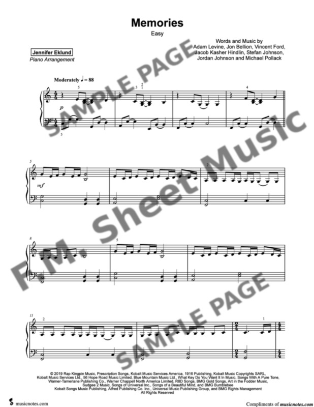 Memories (Easy Piano) By Maroon 5 - F.M. Sheet Music - Pop Arrangements ...