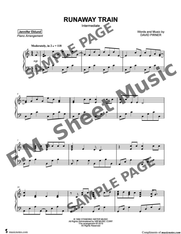 Runaway Train (Intermediate Piano) By Soul Asylum - F.M. Sheet Music ...