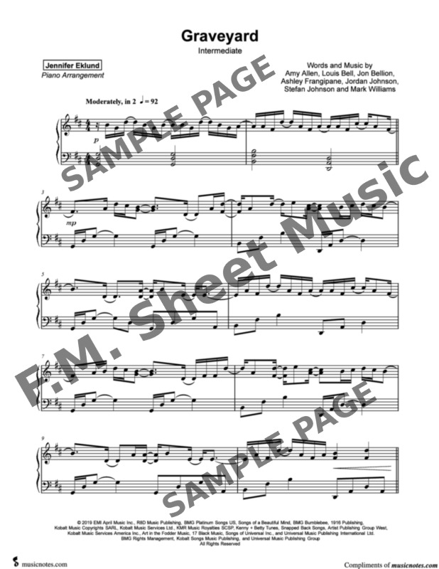 Graveyard (Intermediate Piano) By Halsey - F.M. Sheet Music - Pop ...