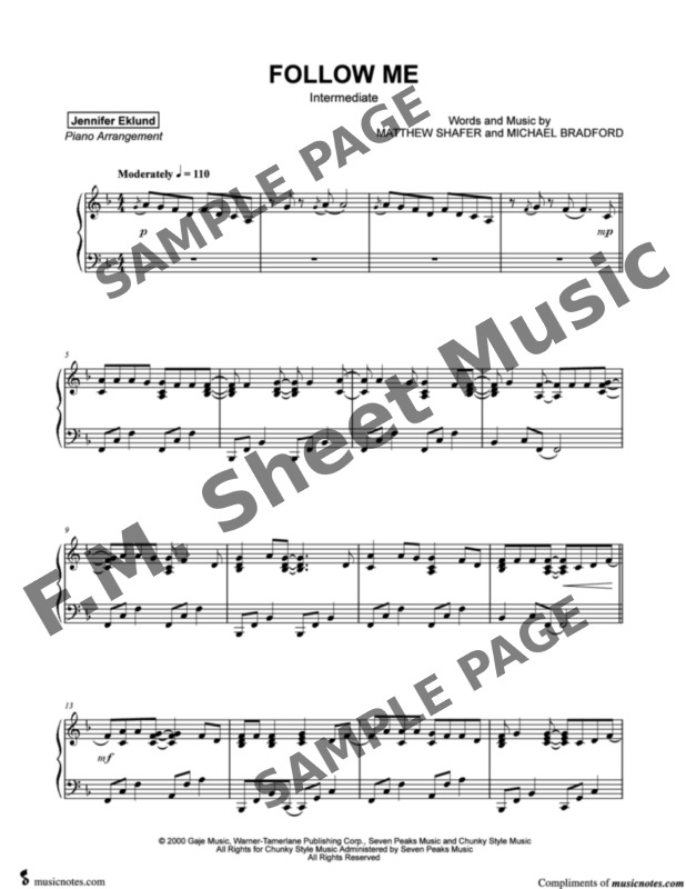 Follow Me (Intermediate Piano) By Uncle Kracker - F.M. Sheet Music ...