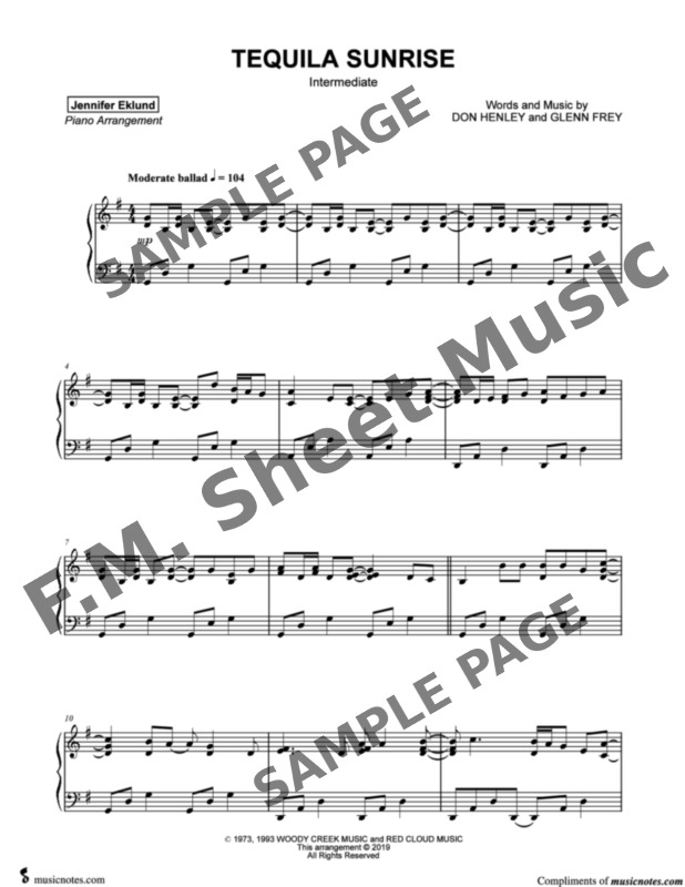 Tequila Sunrise (Intermediate Piano) By The Eagles - F.M. Sheet Music ...