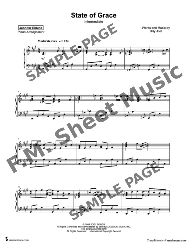 State of Grace (Intermediate Piano) By Billy Joel - F.M. Sheet Music ...
