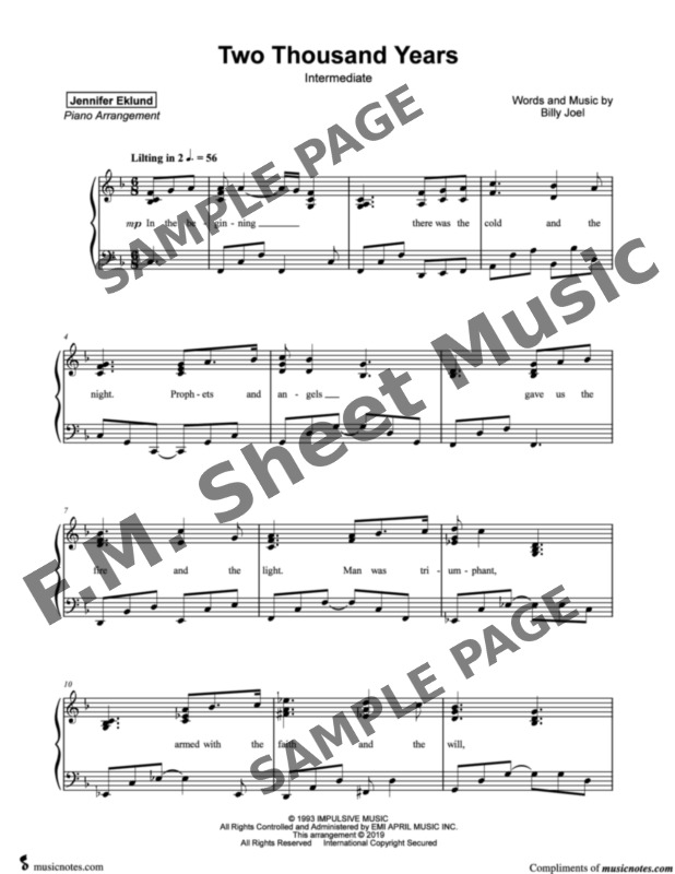 Two Thousand Years (Intermediate Piano) By Billy Joel - F.M. Sheet ...