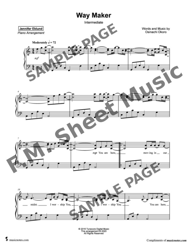 Way Maker (Intermediate Piano) By Sinach, Leeland - F.M. Sheet Music ...