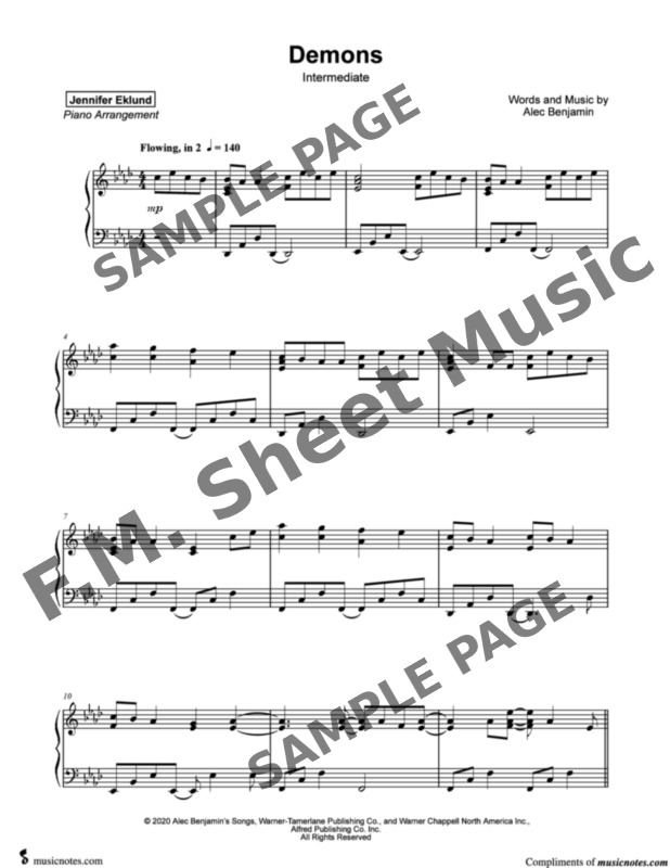 Demons (Intermediate Piano) By Alec Benjamin - F.M. Sheet Music - Pop ...