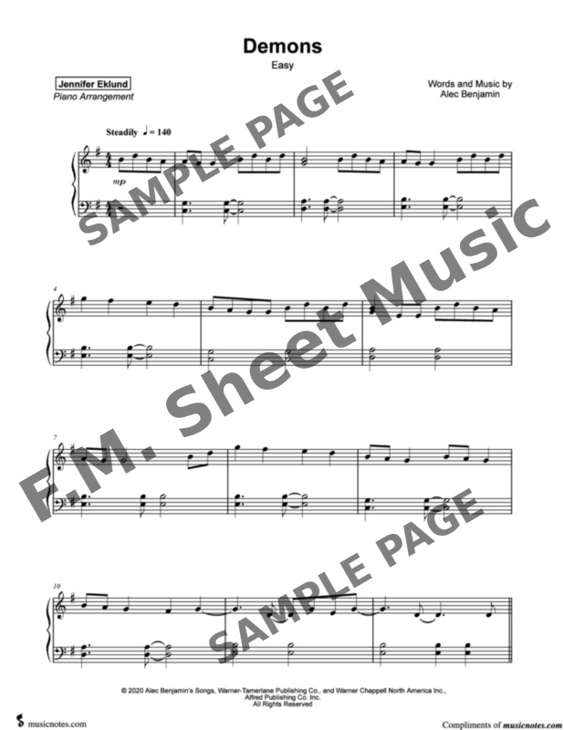 Demons (Easy Piano) By Alec Benjamin - F.M. Sheet Music - Pop ...