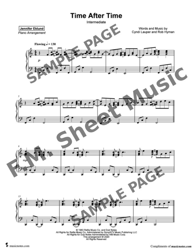 Time After Time (Intermediate Piano) By Cyndi Lauper - F.M. Sheet Music ...