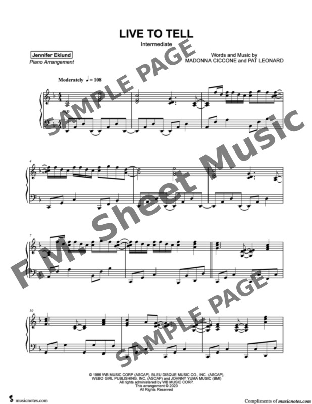 Live to Tell (Intermediate Piano) By Madonna - F.M. Sheet Music - Pop ...