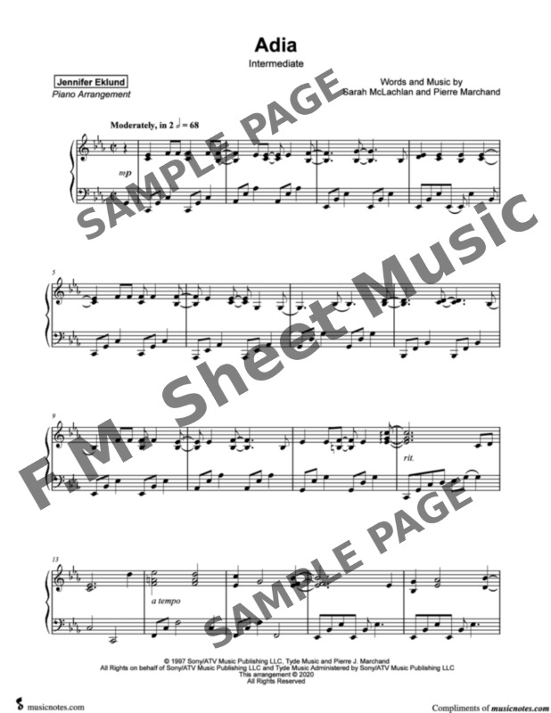 Adia (Intermediate Piano) By Sarah McLachlan - F.M. Sheet Music - Pop ...