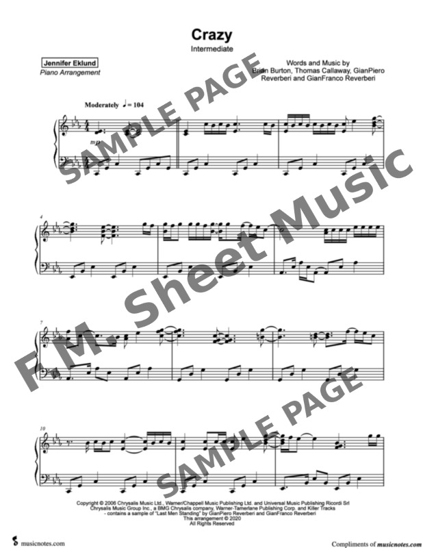 Crazy (Intermediate Piano) By Gnarls Barkley - F.M. Sheet Music - Pop ...