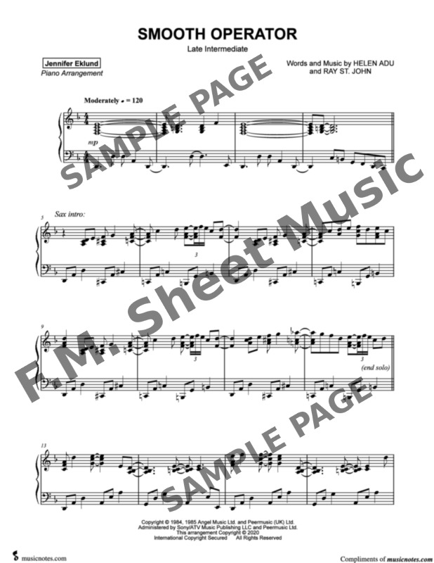 Smooth Operator (Late Intermediate Piano) By Sade - F.M. Sheet Music ...
