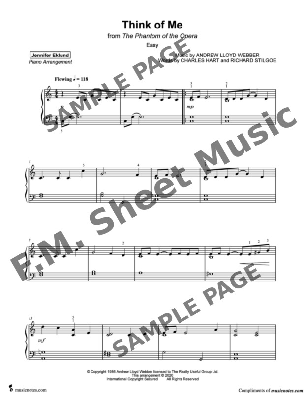 Think of Me (Easy Piano) By Andrew Lloyd Webber - F.M. Sheet Music ...