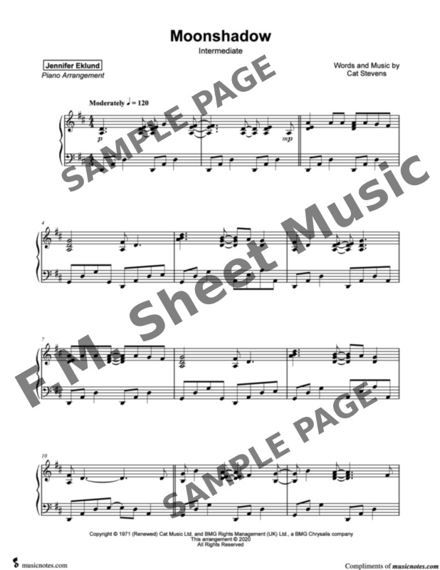 Moon Shadow (Intermediate Piano) By Cat Stevens - F.M. Sheet Music ...