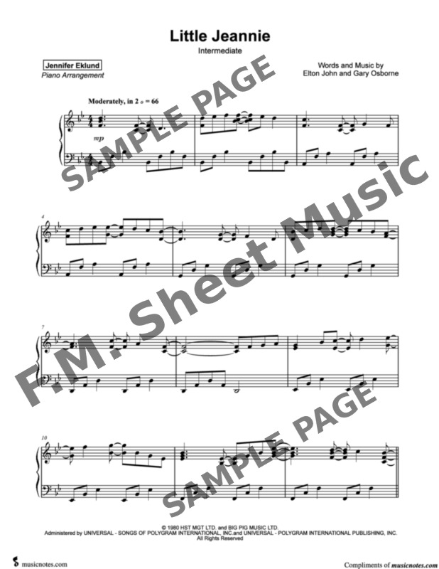 Little Jeannie (Intermediate Piano) By Elton John - F.M. Sheet Music ...