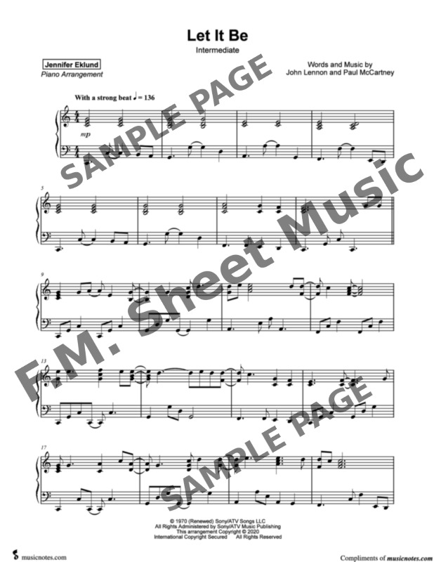 Let It Be (Intermediate Piano) By The Beatles - F.M. Sheet Music - Pop ...