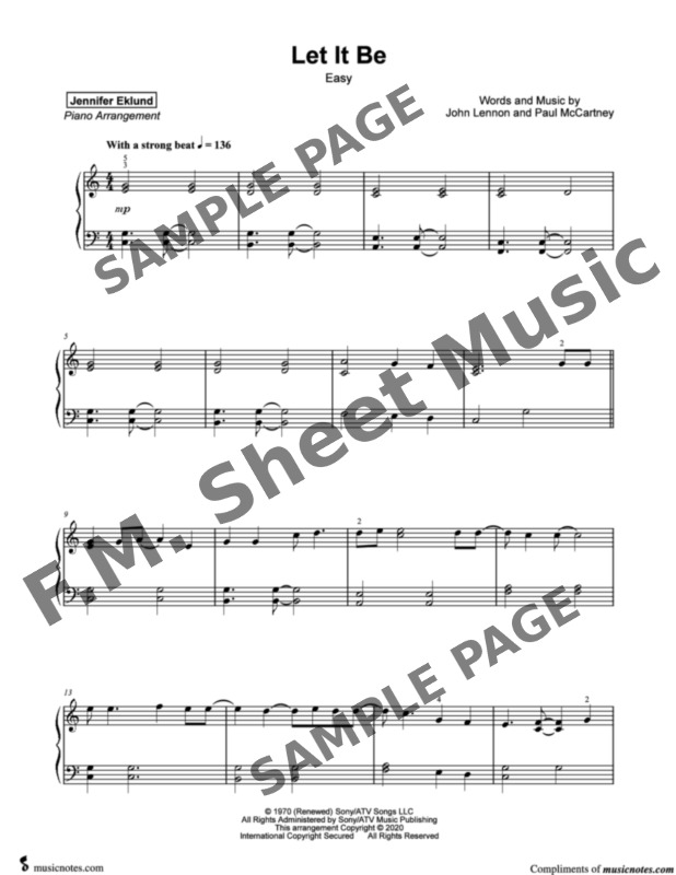 Let It Be (Easy Piano) By The Beatles - F.M. Sheet Music - Pop ...
