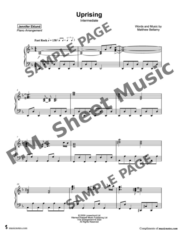 Uprising (Intermediate Piano) By Muse - F.M. Sheet Music - Pop ...